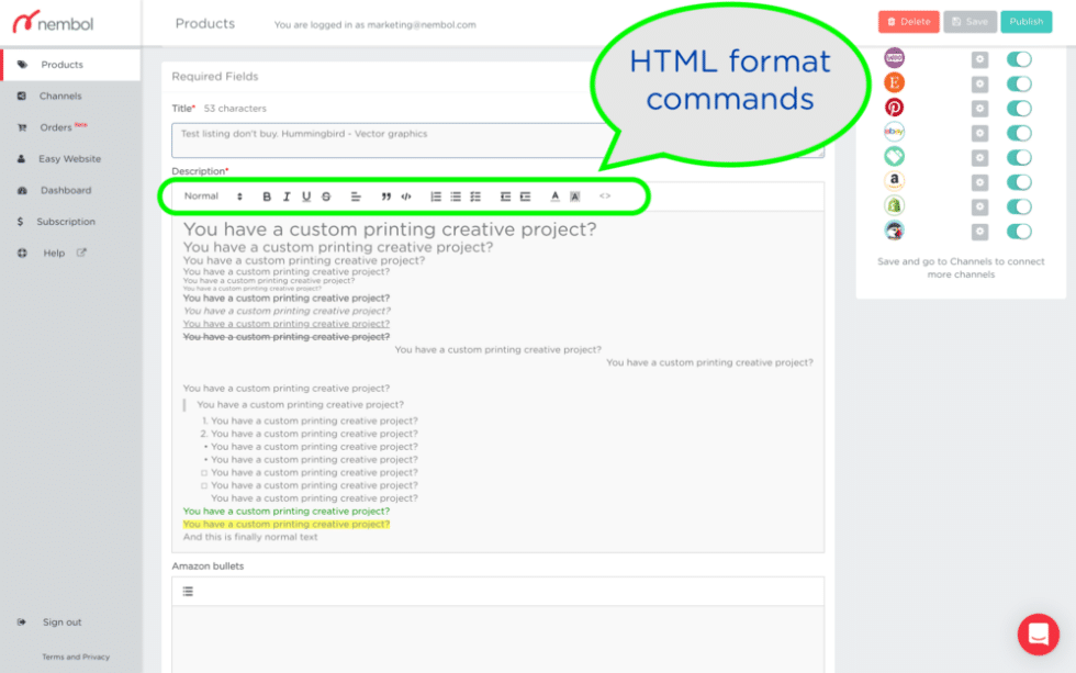HTML product descriptions when selling multichannel - Nembol